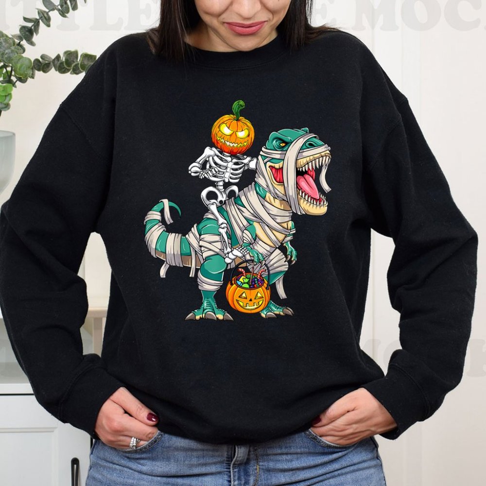 Skeleton Riding Mummy Dinosaur T Rex Halloween For Bo… - Gem